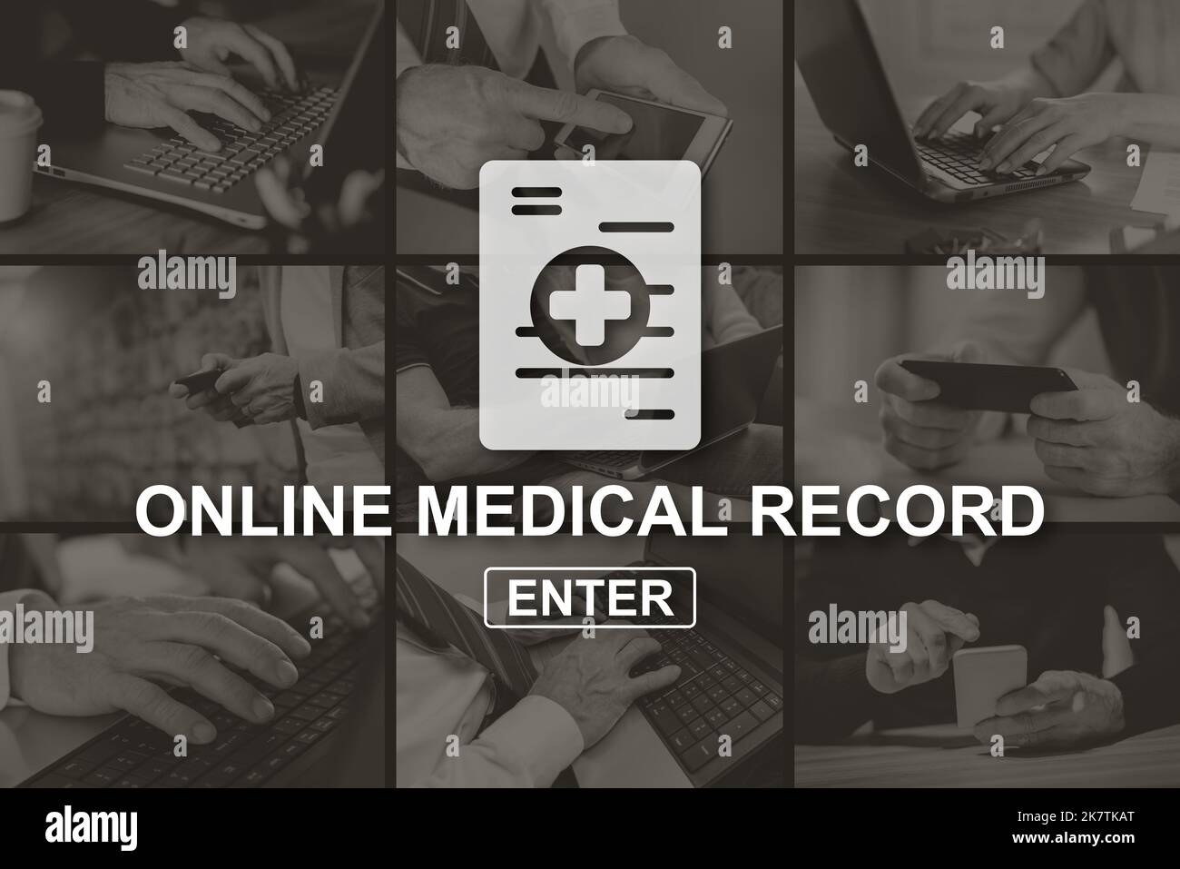 Online medical record concept illustrated by pictures on background ...