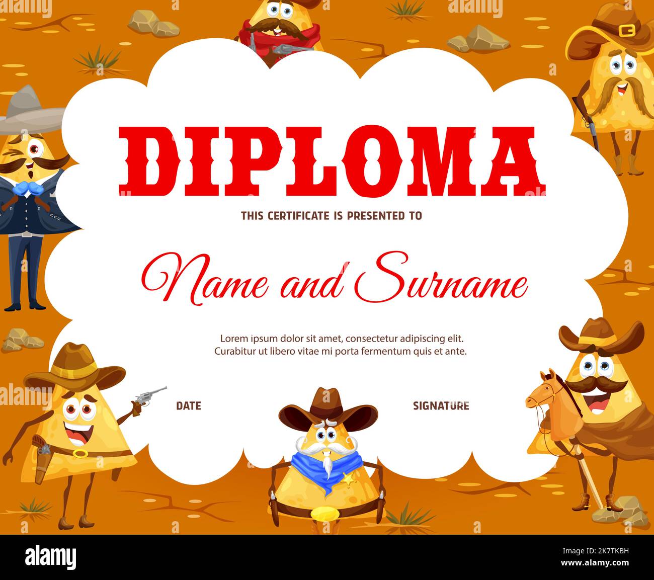 Kids diploma with vector cowboy, bandit and sheriff mexican nachos ...