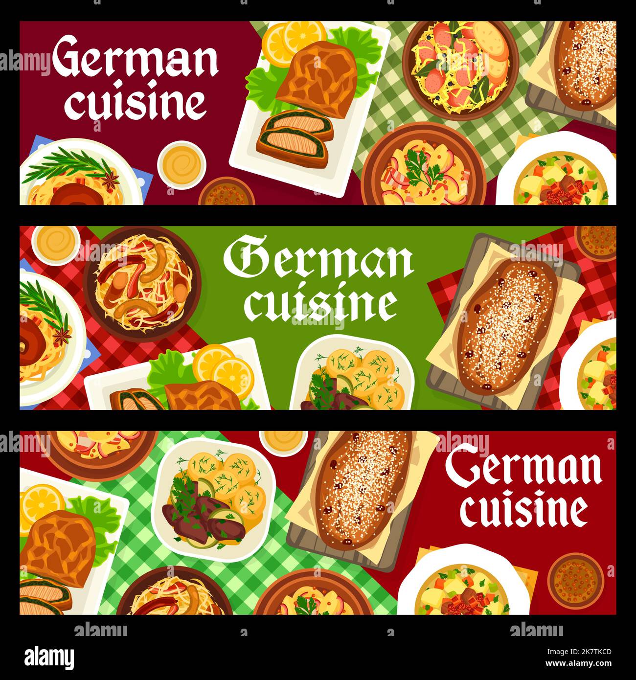 German cuisine restaurant meals banners. Pork knuckle, sauerkraut with ...