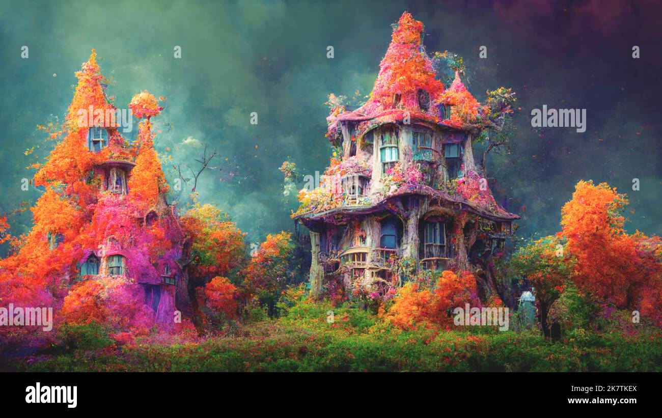Halloween magical fairytale haunted treehouse castle with a colorful ...