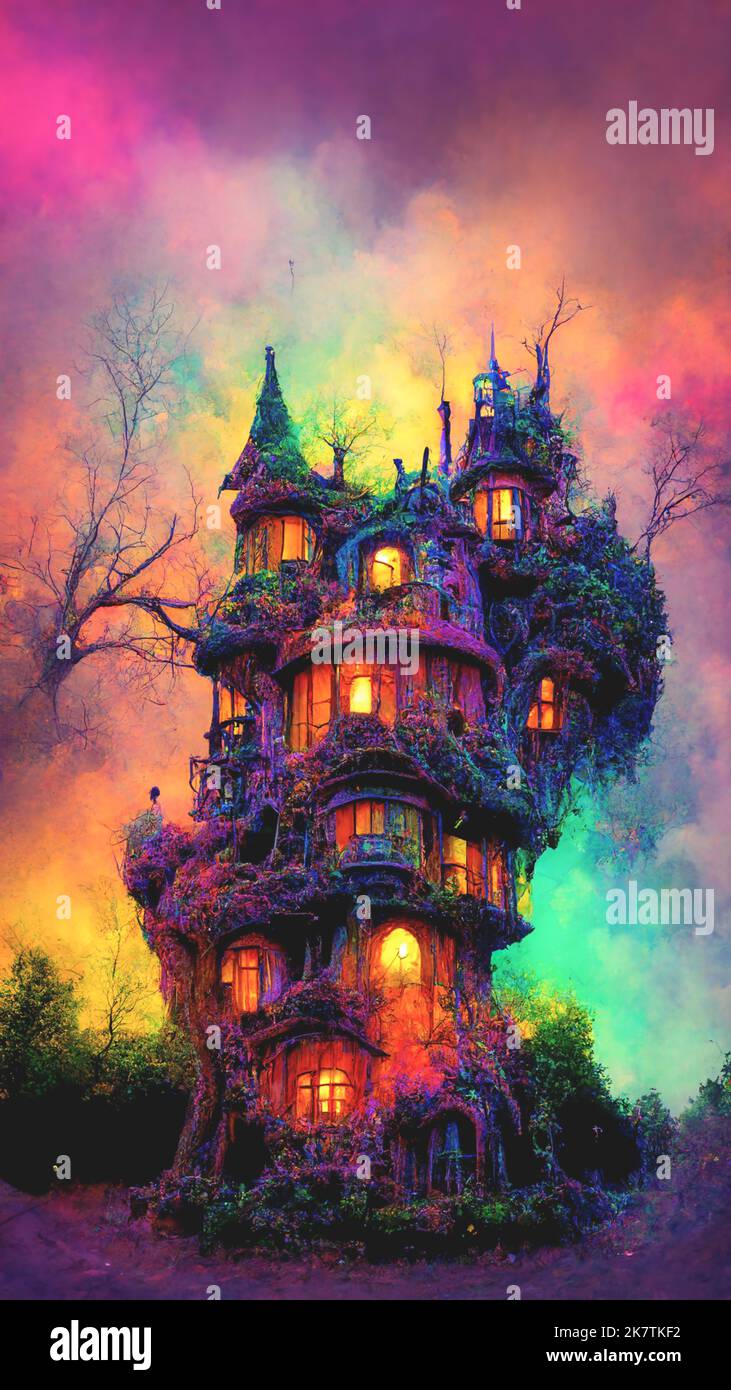 Halloween magical fairytale haunted treehouse castle with a colorful ...