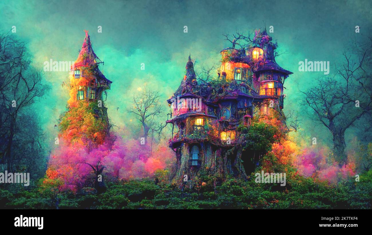 Halloween magical fairytale haunted treehouse castle with a colorful ...