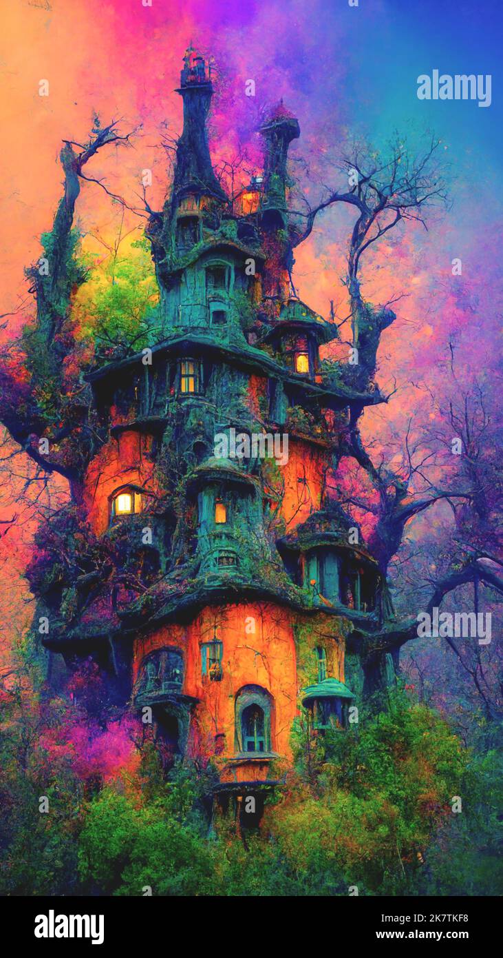 Halloween magical fairytale haunted treehouse castle with a colorful ...