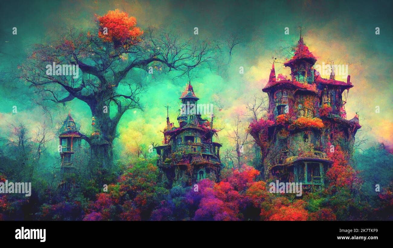 Halloween magical fairytale haunted treehouse castle with a colorful ...