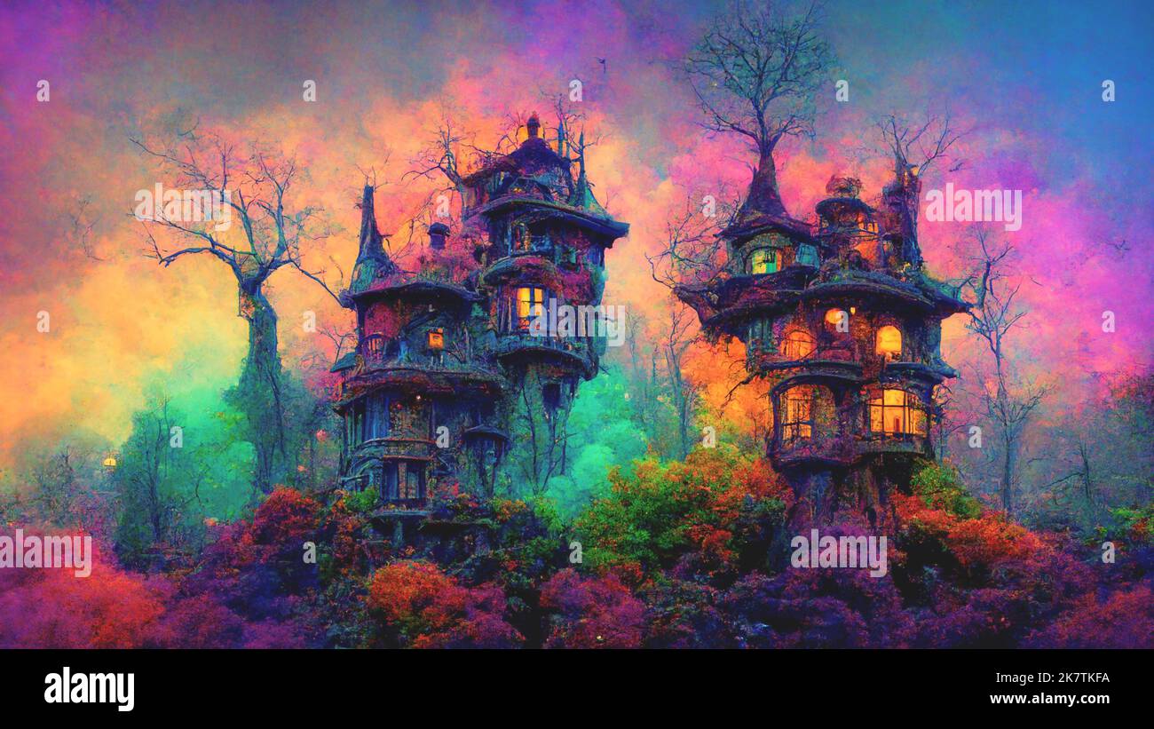 Halloween magical fairytale haunted treehouse castle with a colorful ...