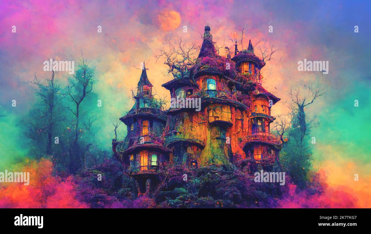 Halloween magical fairytale haunted treehouse castle with a colorful ...