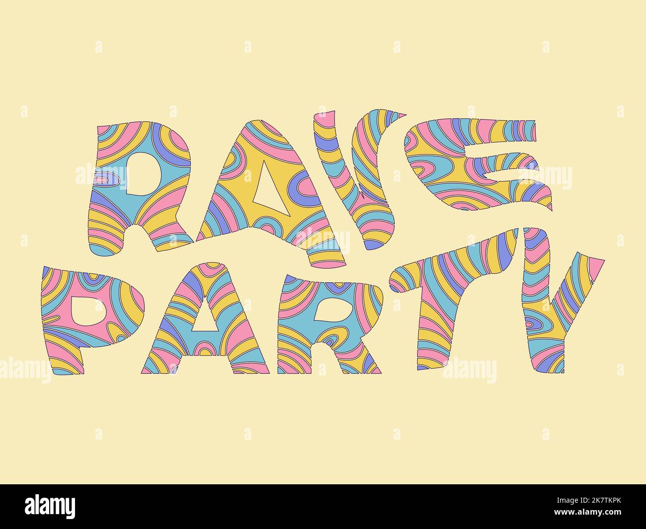 Rave party text banner. Rave psychedelic. Striped text painted in ...