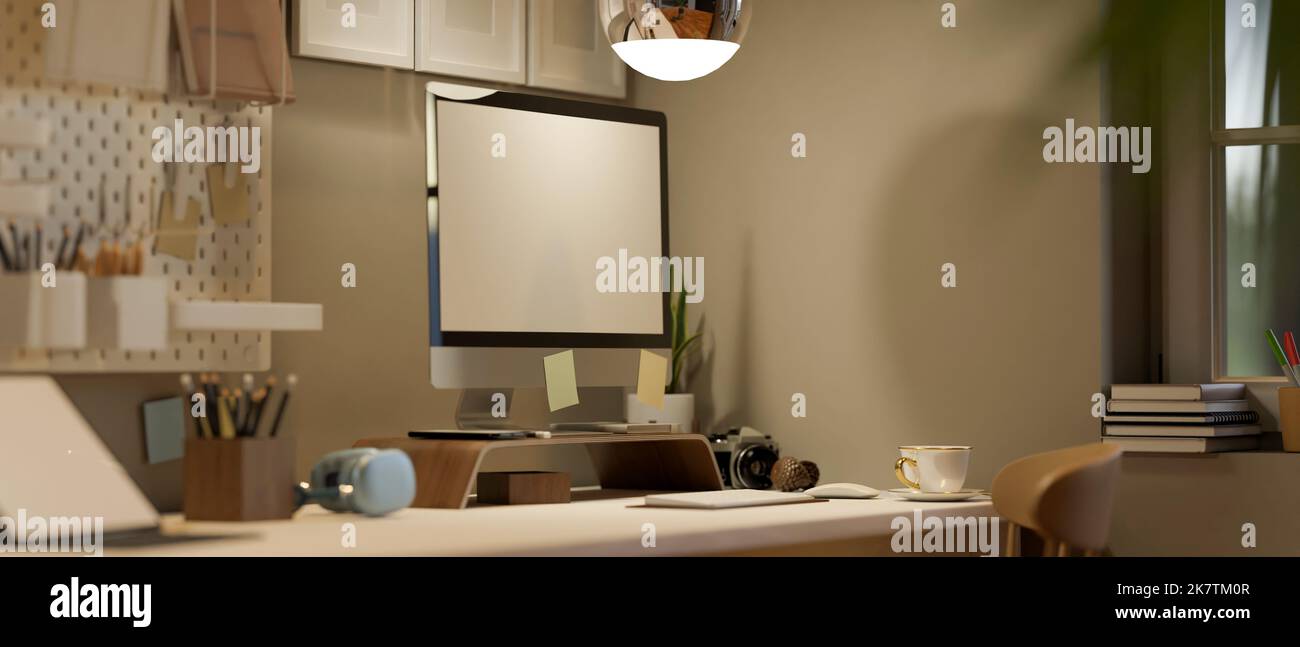 Modern stylish home workplace interior design with modern PC desktop ...