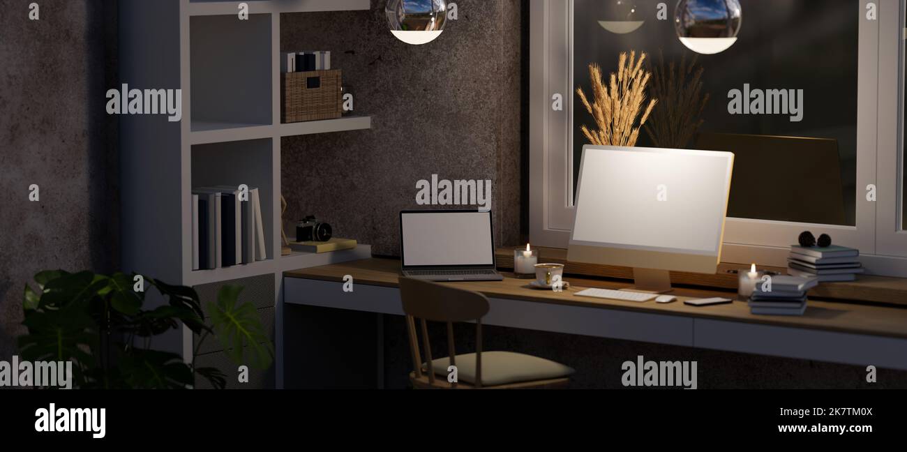 Stylish home office workplace at night interior design with PC desktop ...
