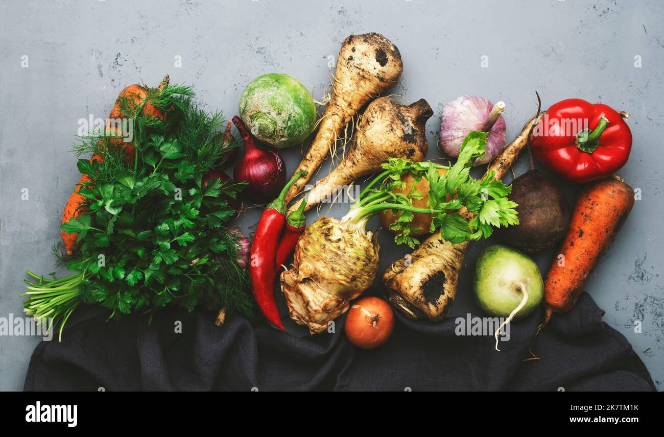 Autumn food background with vegetables, root crops: celery, radish ...