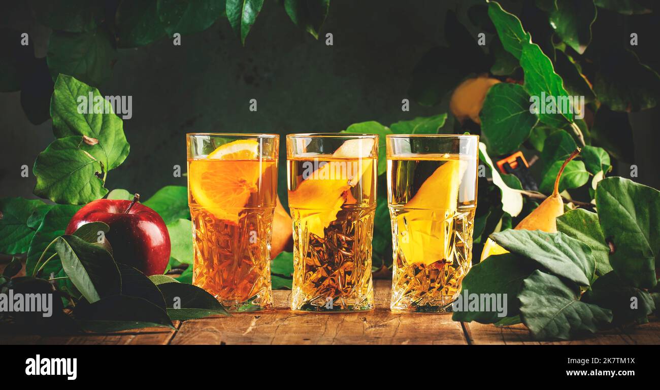 Cider glasses: apple, pear and orange flavored cider. Fermented low ...