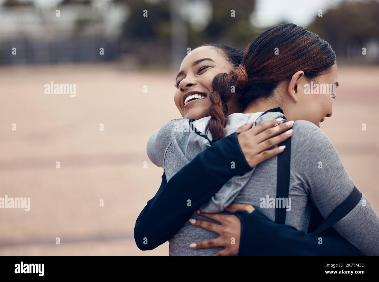 Fitness, hugging and friends with a sports woman and female athlete ...