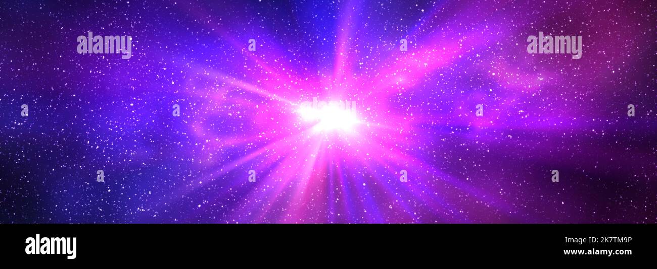 Burst of light in space. Night starry sky and bright purple blue galaxy ...