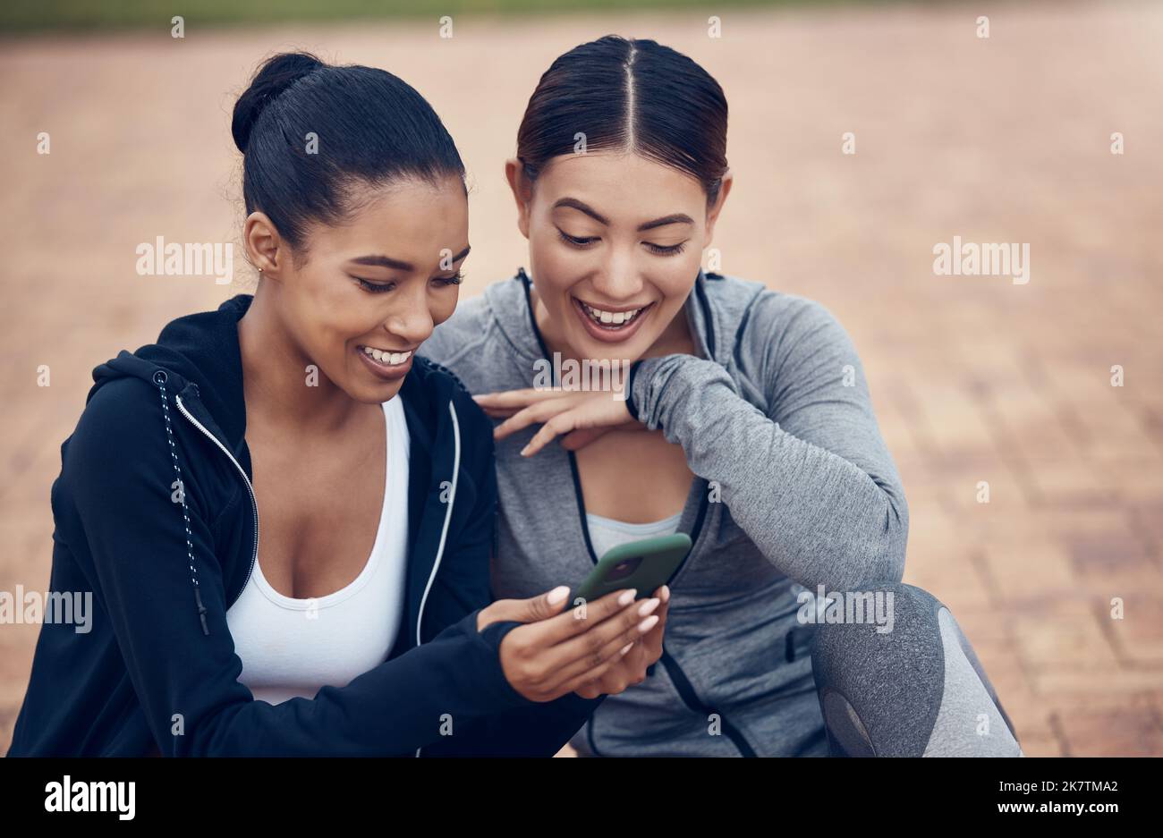 Exercise, phone and social media with sports friends posting their ...