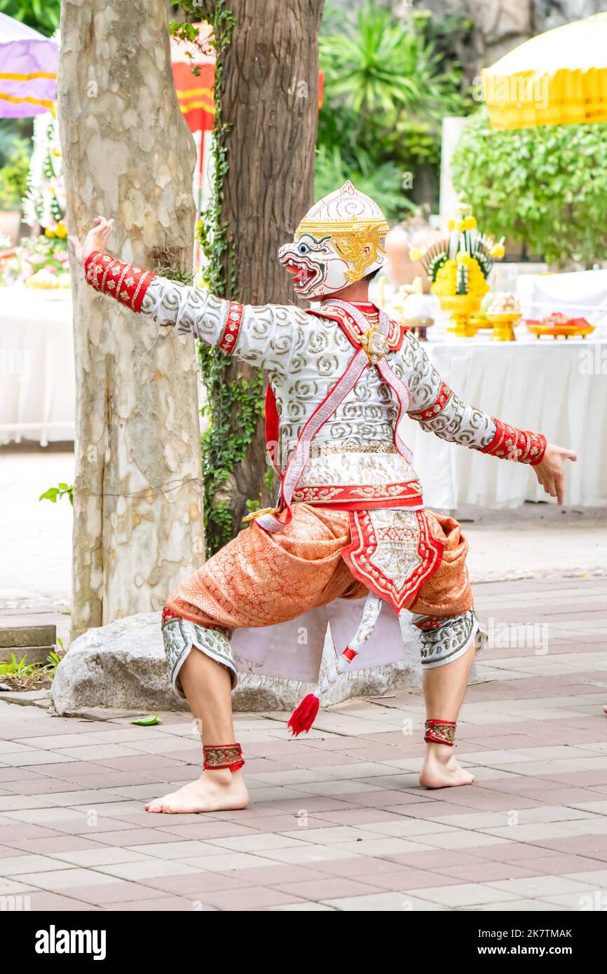 The performance of Thai traditional drama story Khon epic, Ramakien or Ramayana with Hanuman ...