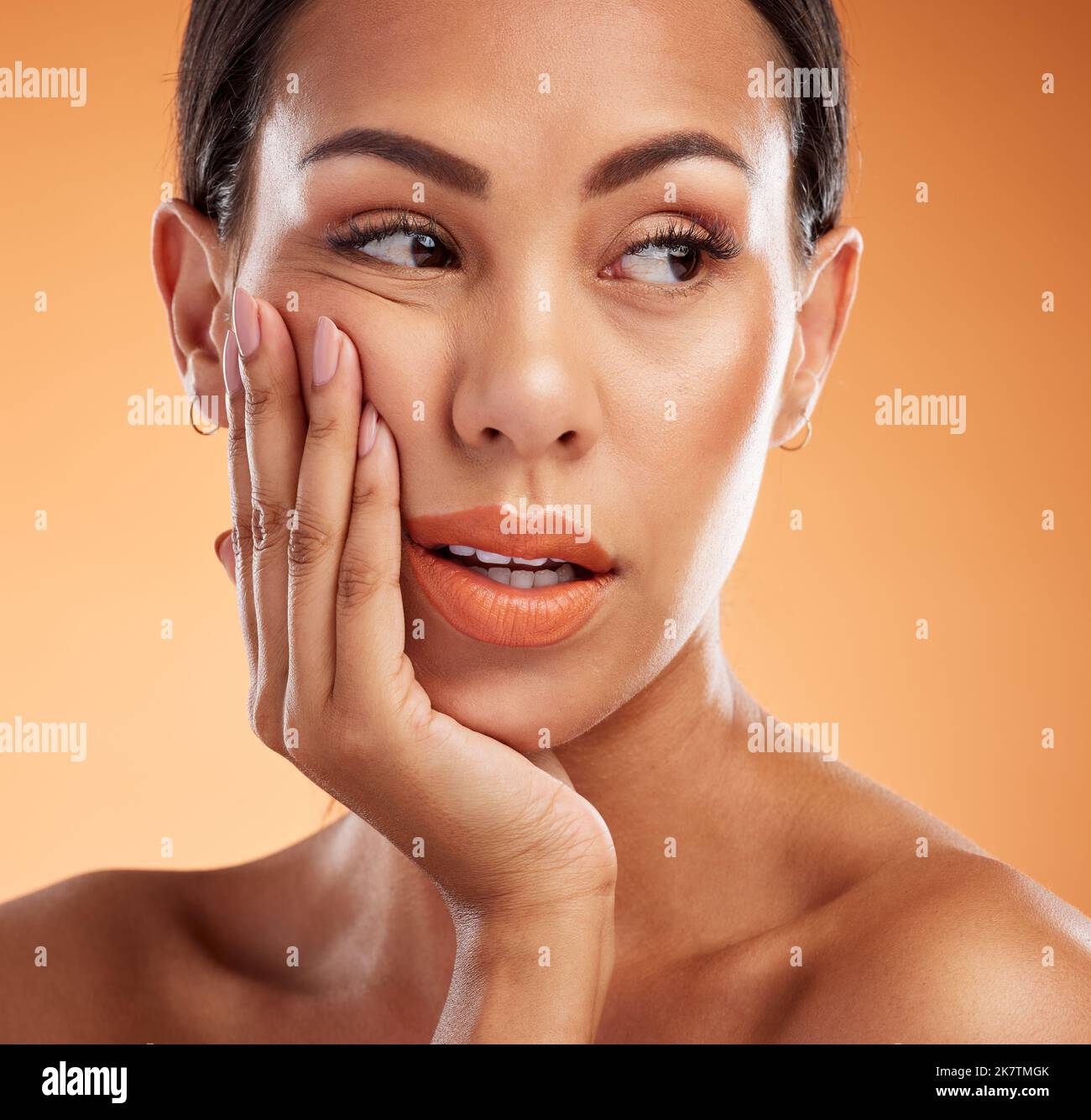 Makeup, beauty and skincare woman with thinking face feeling smooth and ...