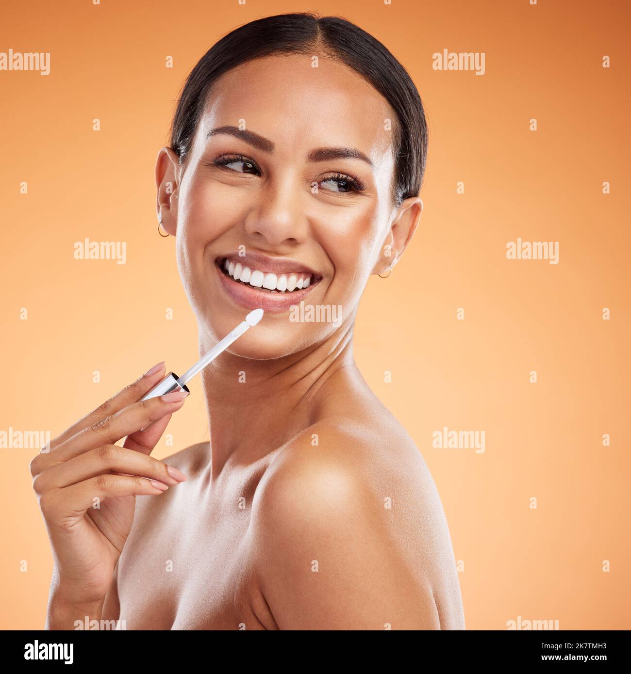 Face, beauty makeup and woman with lip gloss, product or cosmetics on ...