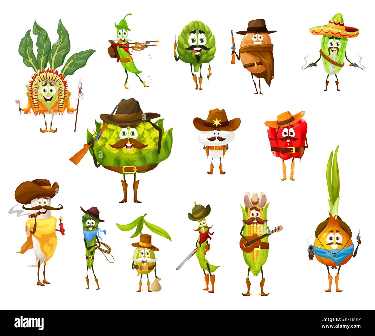 Cartoon vegetables cowboy, ranger, indian, sheriff, robber and bandit ...