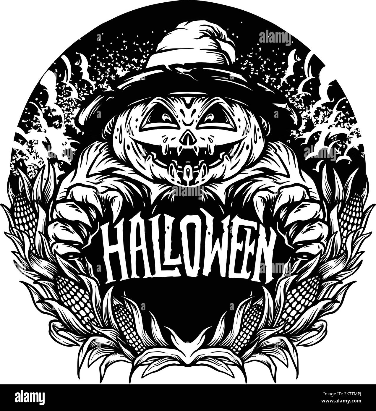 Scary halloween pumpkin black and white Graphic vector illustrations ...