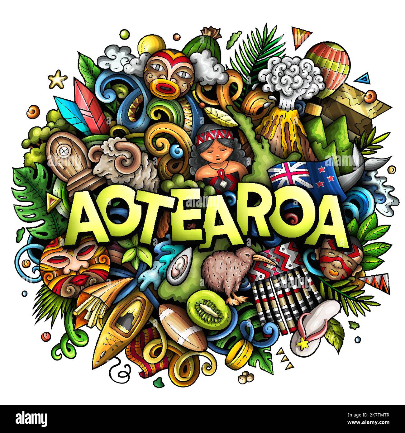 New Zealand cartoon doodle illustration. Funny Aotearoa design Stock ...