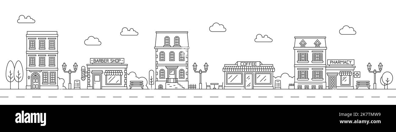 Neighborhood line art cityscape. Town city street. Downtown outline ...