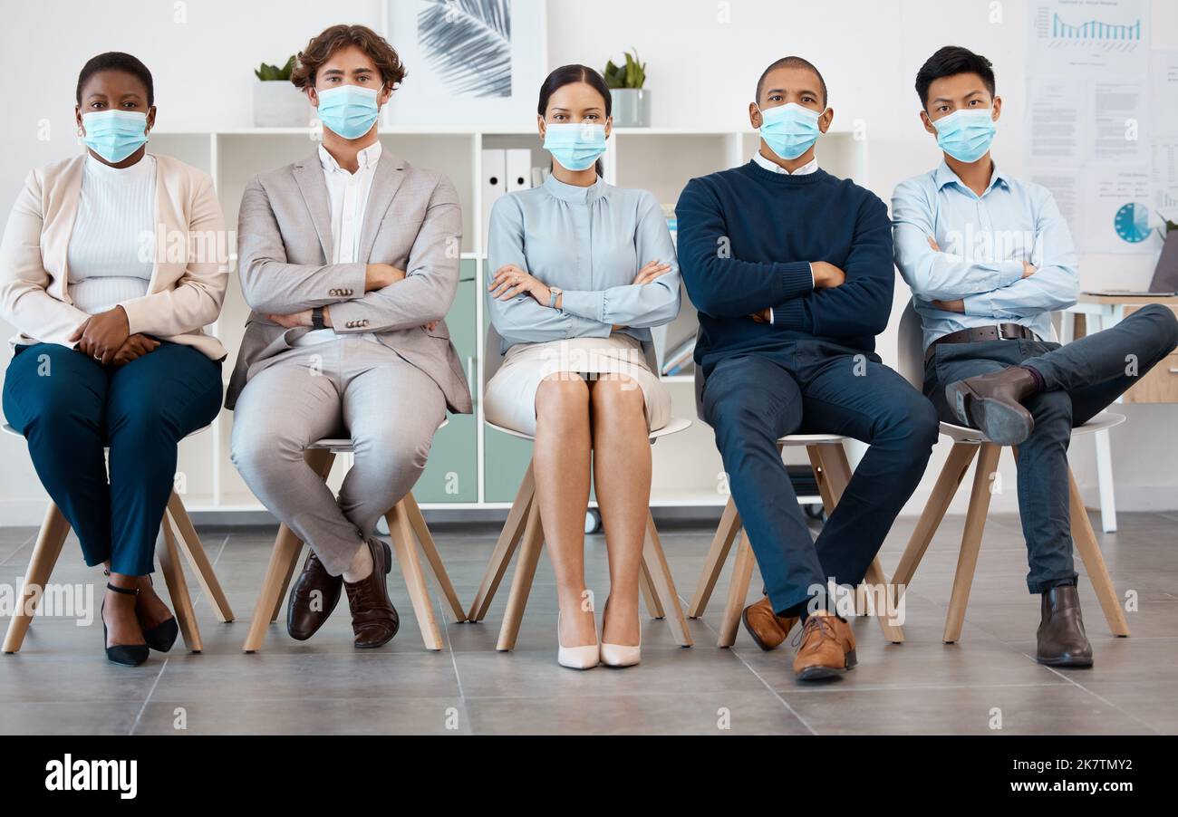 Covid business people, waiting room and office for recruitment ...