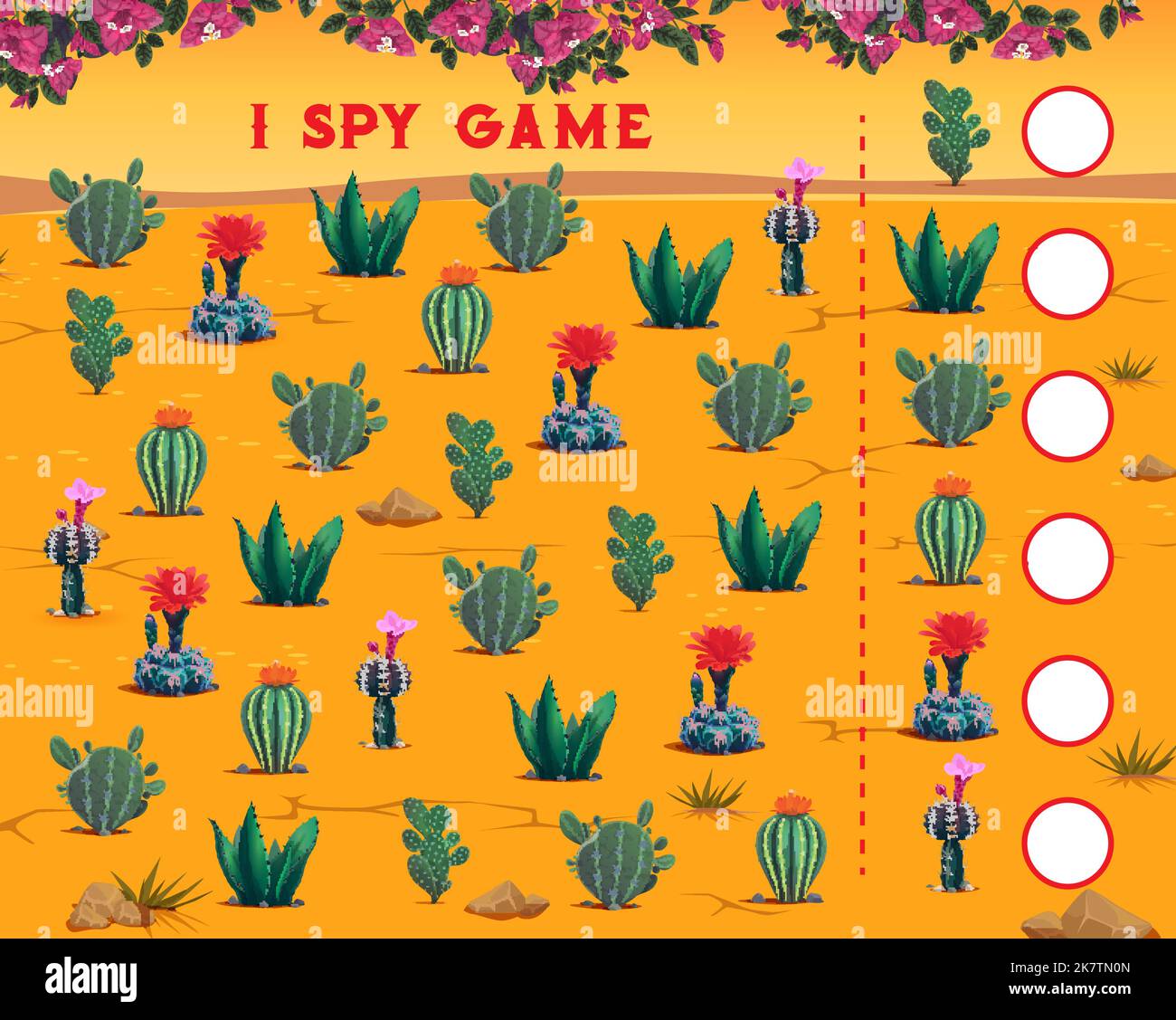 I spy game. Mexican cactus succulents in desert on kids game worksheet ...