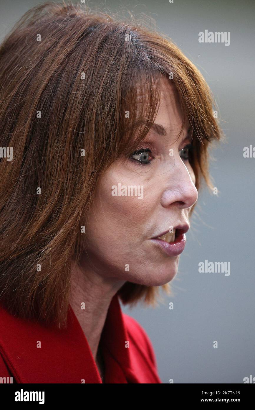 Kay Burley broadcasts from Downing Street in London. She is a presenter ...