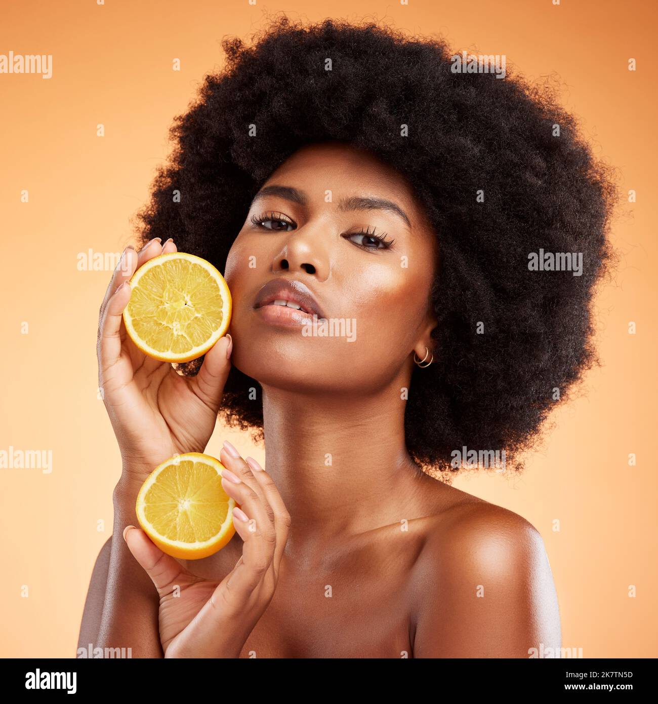 Skincare, lemon and face of black woman with beauty diet or wellness ...