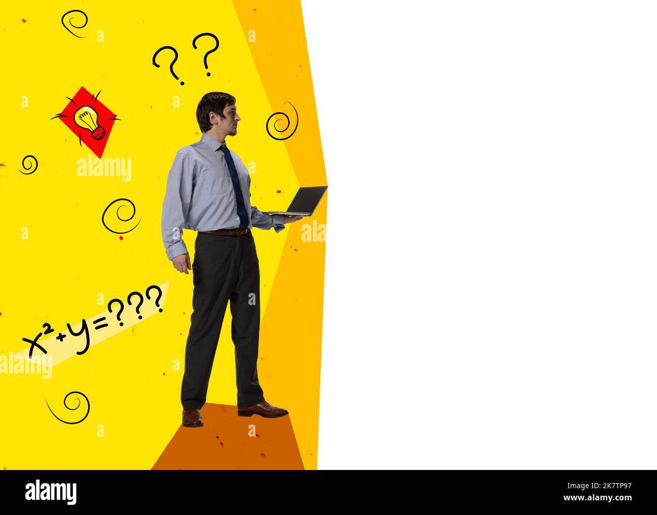 Contemporary art collage. Creative design. Young man, office worker ...