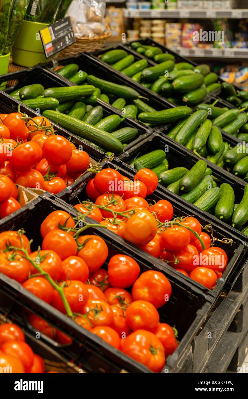 Showcase with range of fruits in supermarket. Sale of food. Retail ...