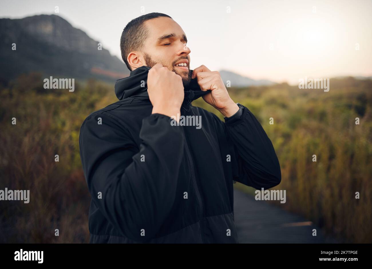 Man breathing in nature, mountain forest peace and spiritual wellness ...