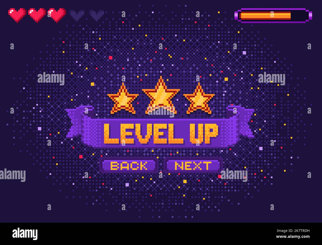 Level up 8bit game, arcade pixel screen. PC platform console victory ...