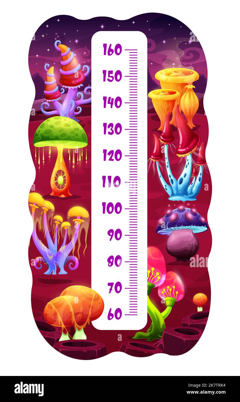 Kids height chart fantastic magic mushrooms on space planet. Vector ...