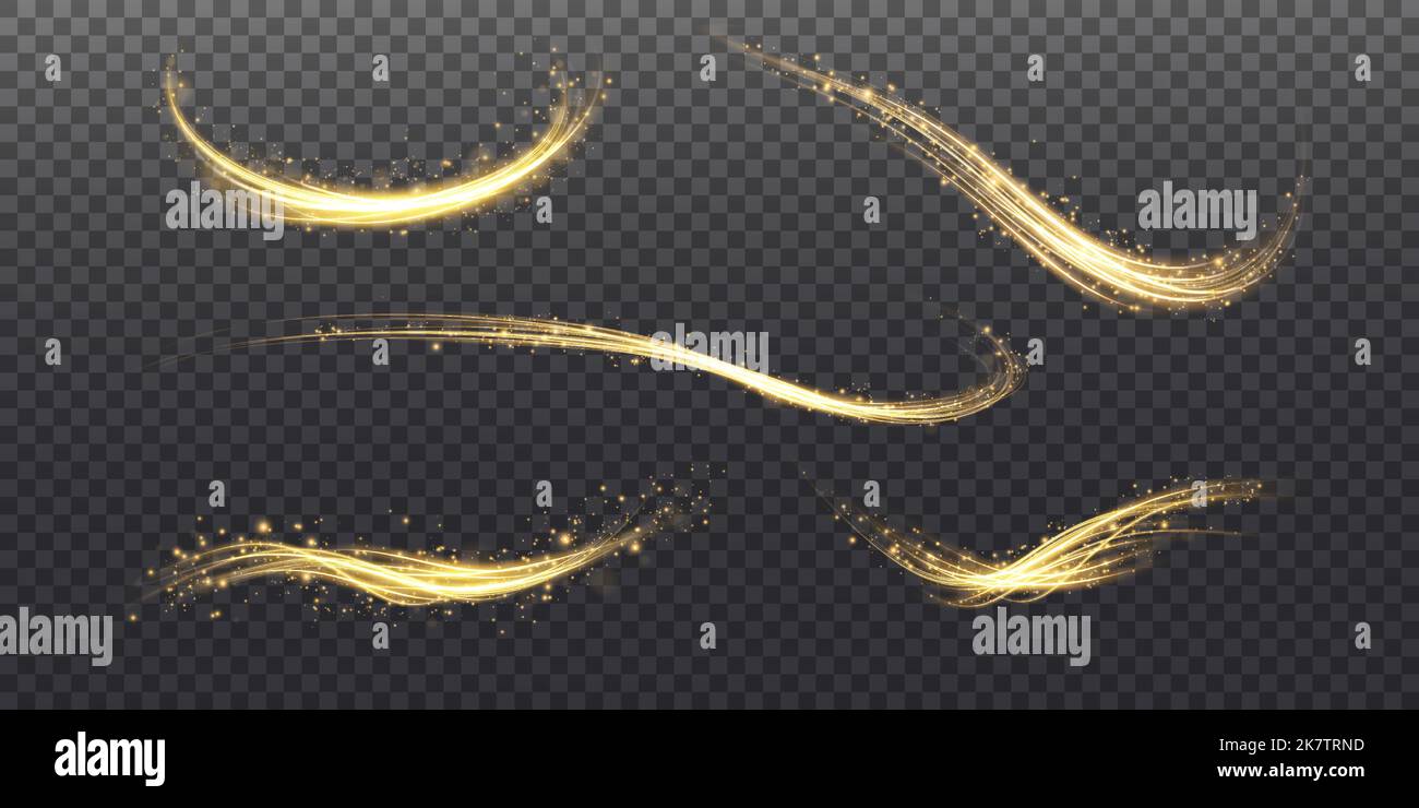 Set of abstract light lines of movement and speed with golden sparkles. Light everyday glowing ...
