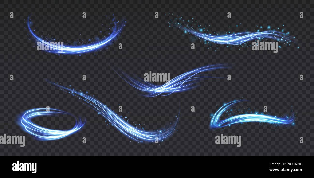 Set of abstract light lines of movement and speed. light blue ellipse. Brilliant galaxy. Glowing ...