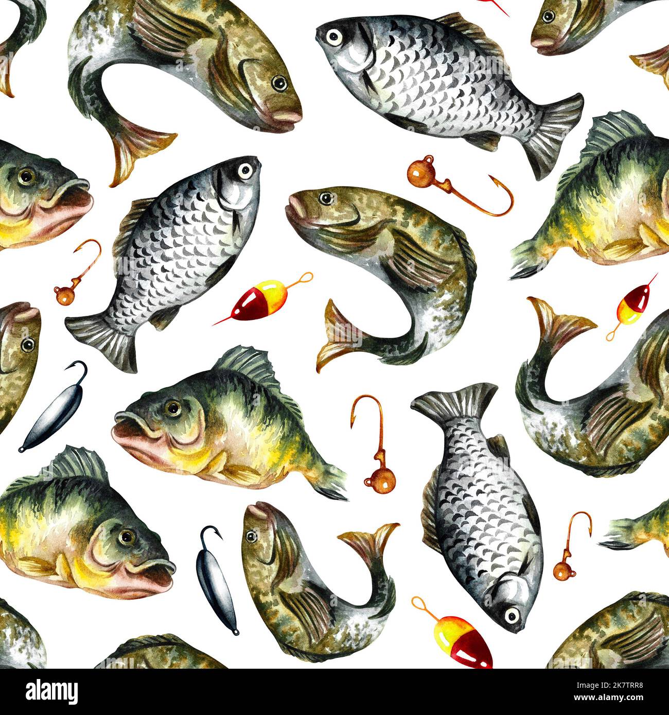 pattern, seamless texture with fish, floats and hooks for the angler ...
