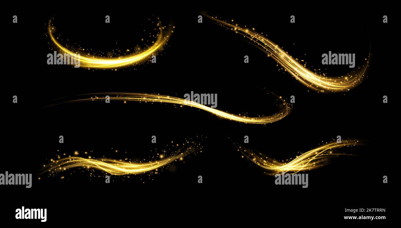 Set of abstract light lines of movement and speed with golden sparkles. Light everyday glowing ...