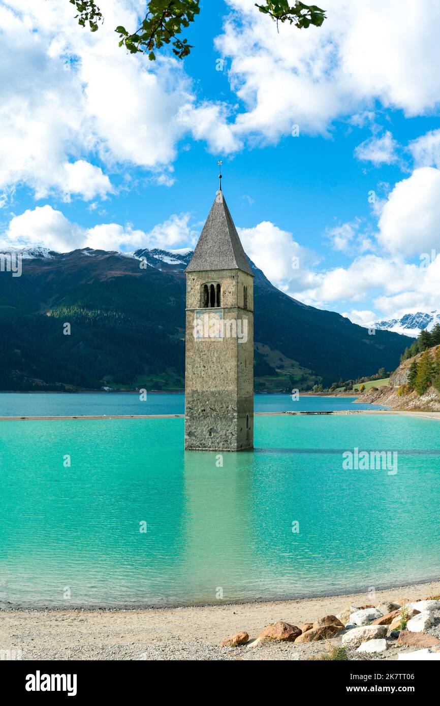 The leftover churchtower of the old Graun/Curon village situated in the ...