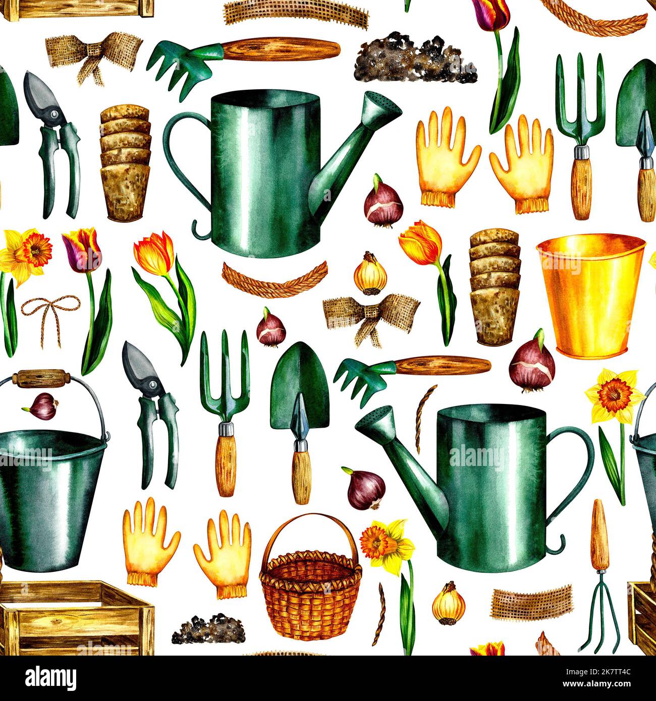 Gardening. Seamless pattern. gardener's tools. watercolor illustration ...