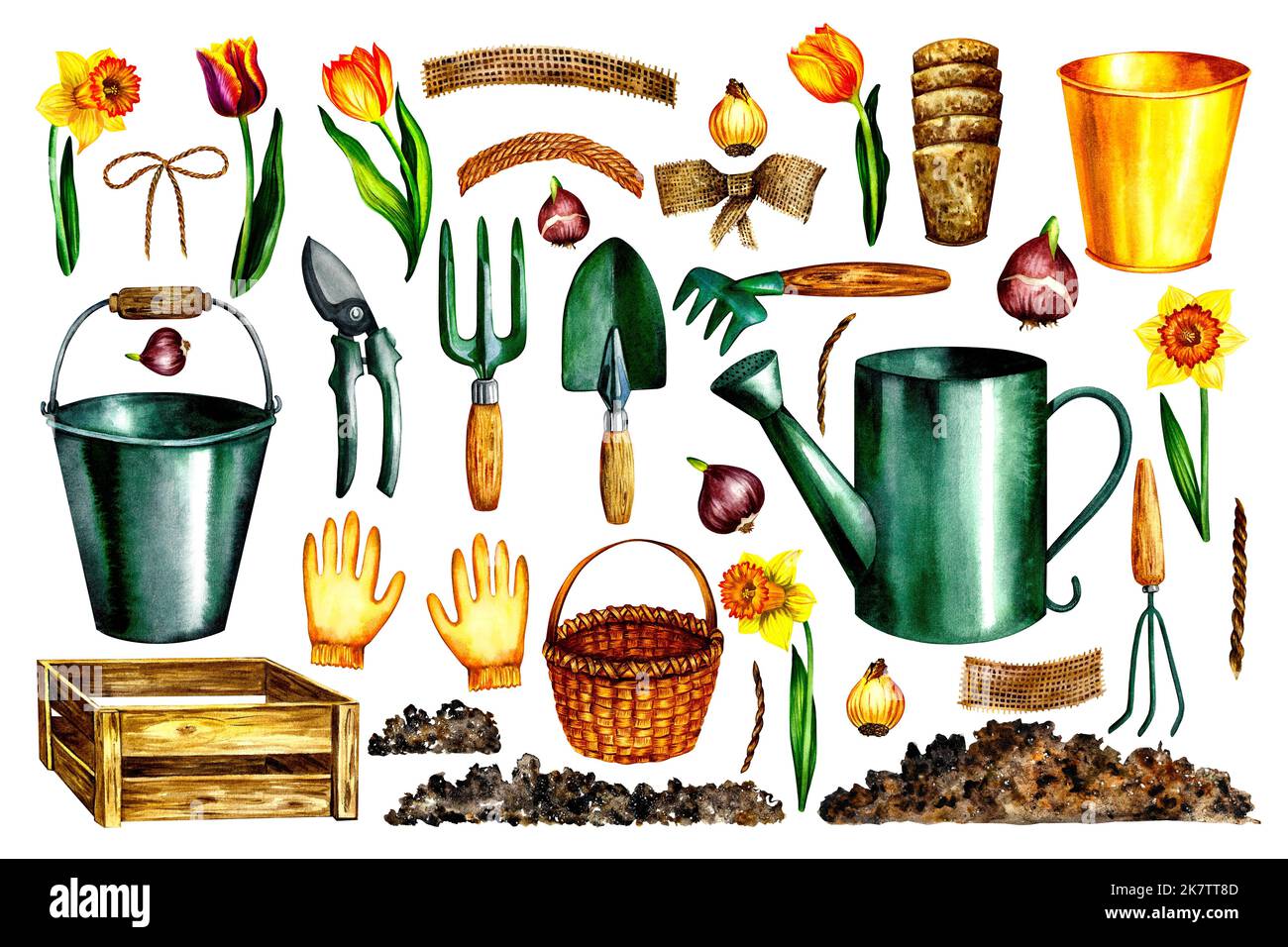 garden set. gardener's tools. watercolor illustration. For ...