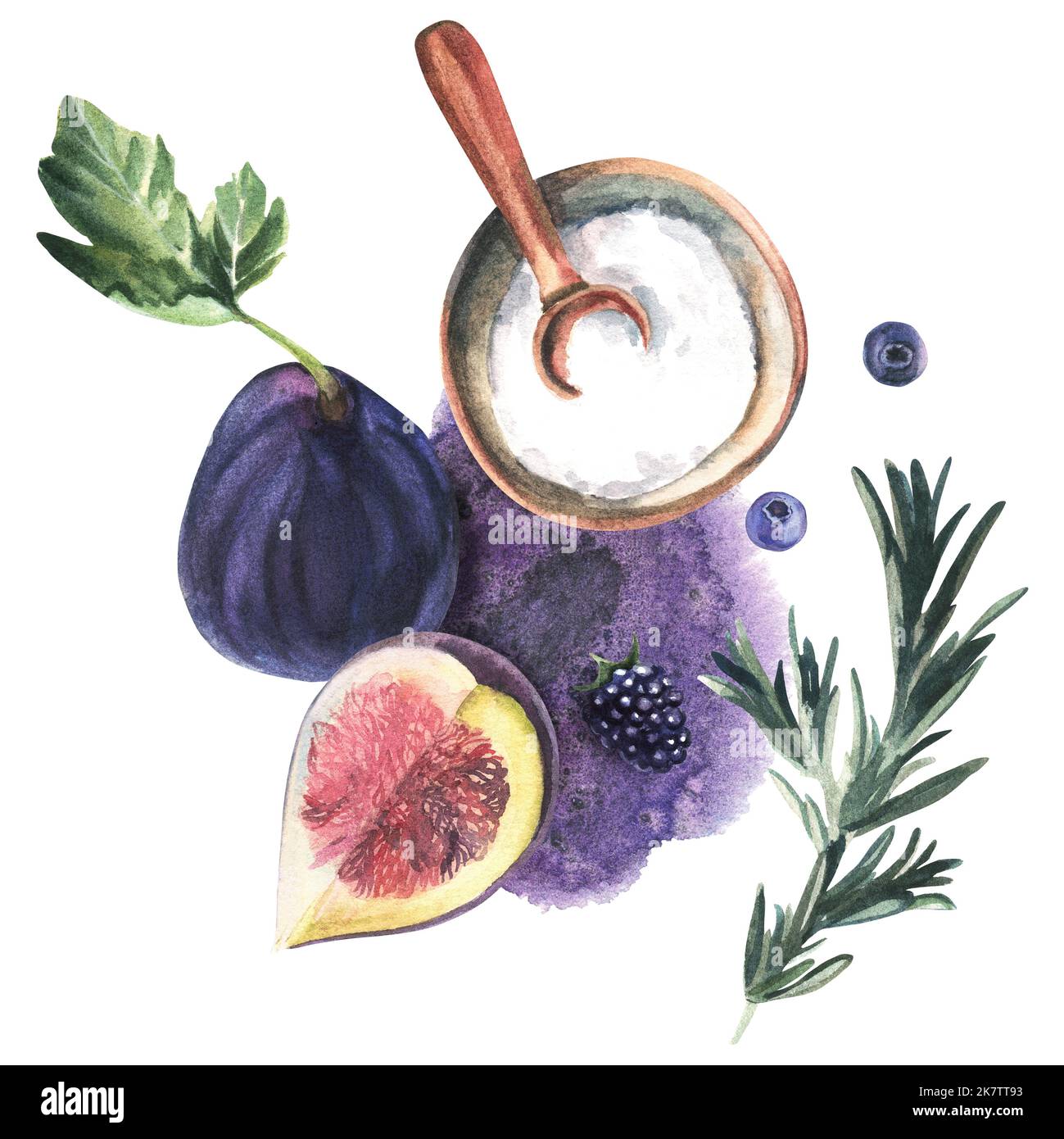 Composition of figs, blueberries, rosemary and a wooden bowl with a ...