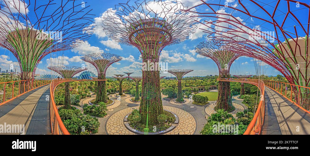 View over Gardens by the bay park in Singapore from elevated location ...