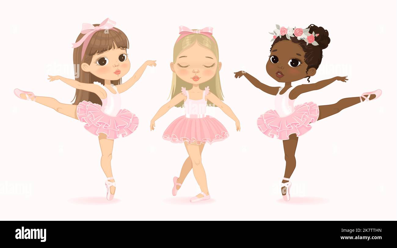 Cute Ballerina Girl Dancing. Three Multicultural Ballerinas Set ...