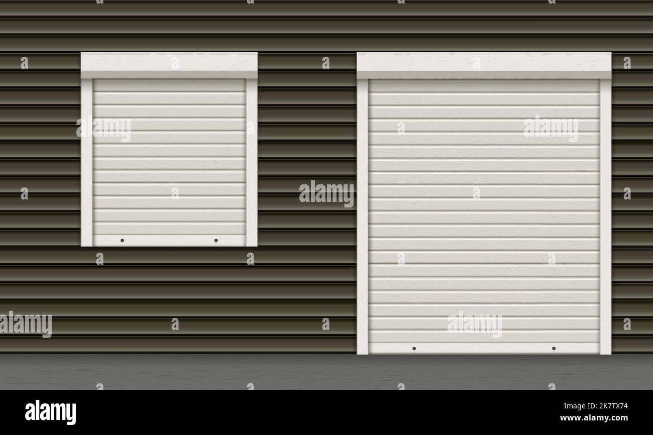 White closed roller garage shutter door and window with realistic ...