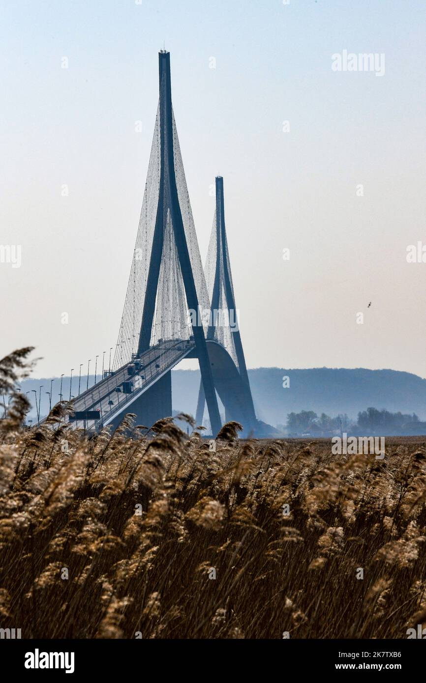 The Normandy Bridge (French “pont de Normandie”) on the estuary of the ...