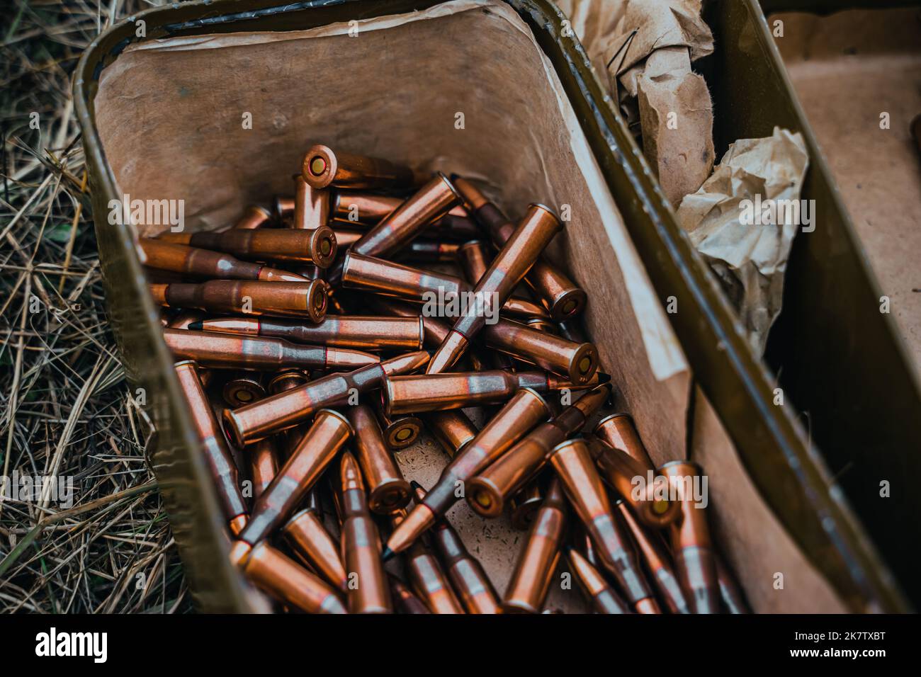 Bullets in a box. Machine gun ammunition close-up. Cartridges for a ...