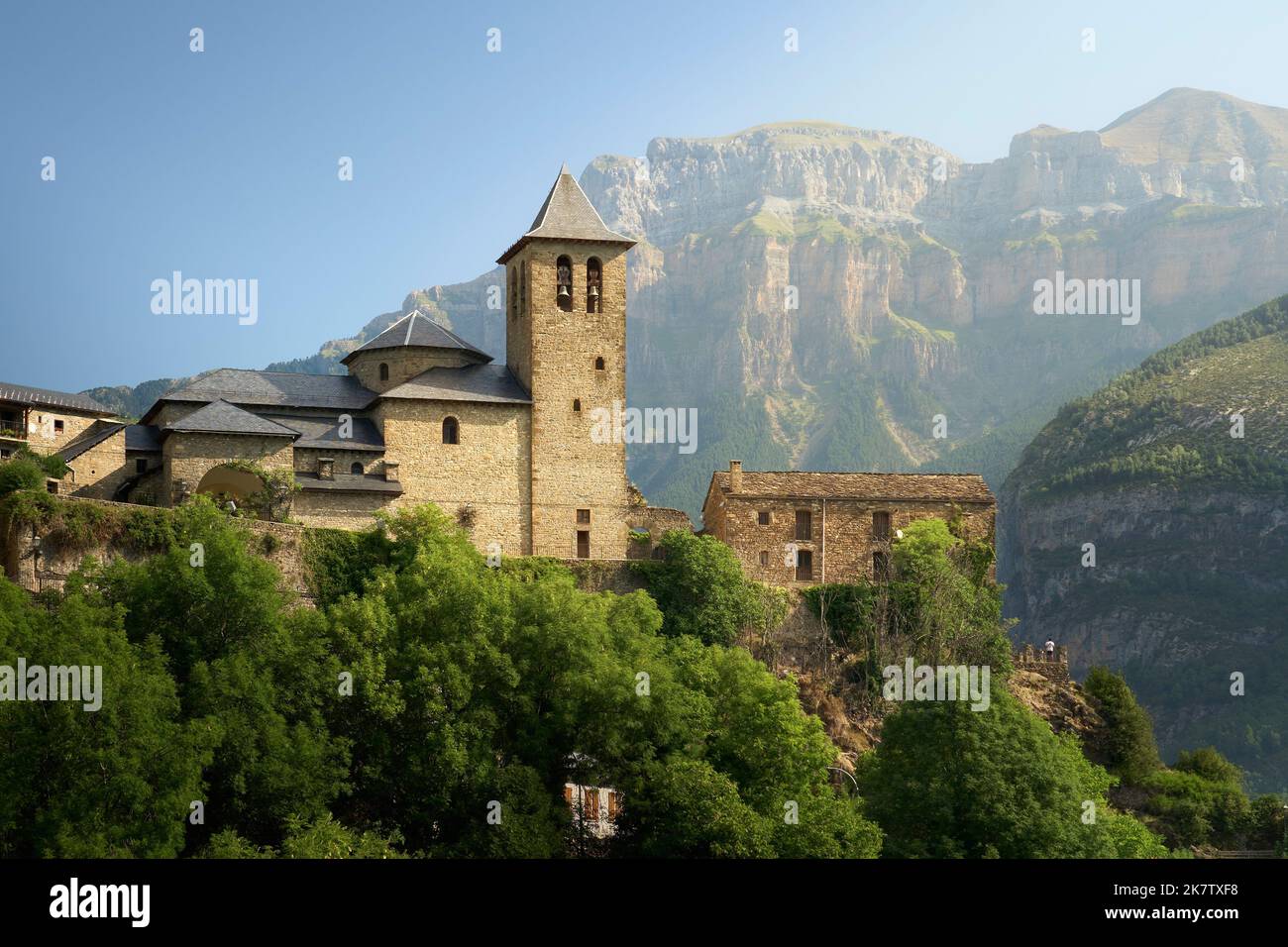 San Salvador church in the town of Torla-Ordesa with Mondarruego ...