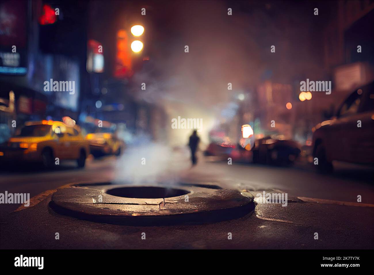 A manhole of a New York City street at night as a theatre spotlight ...