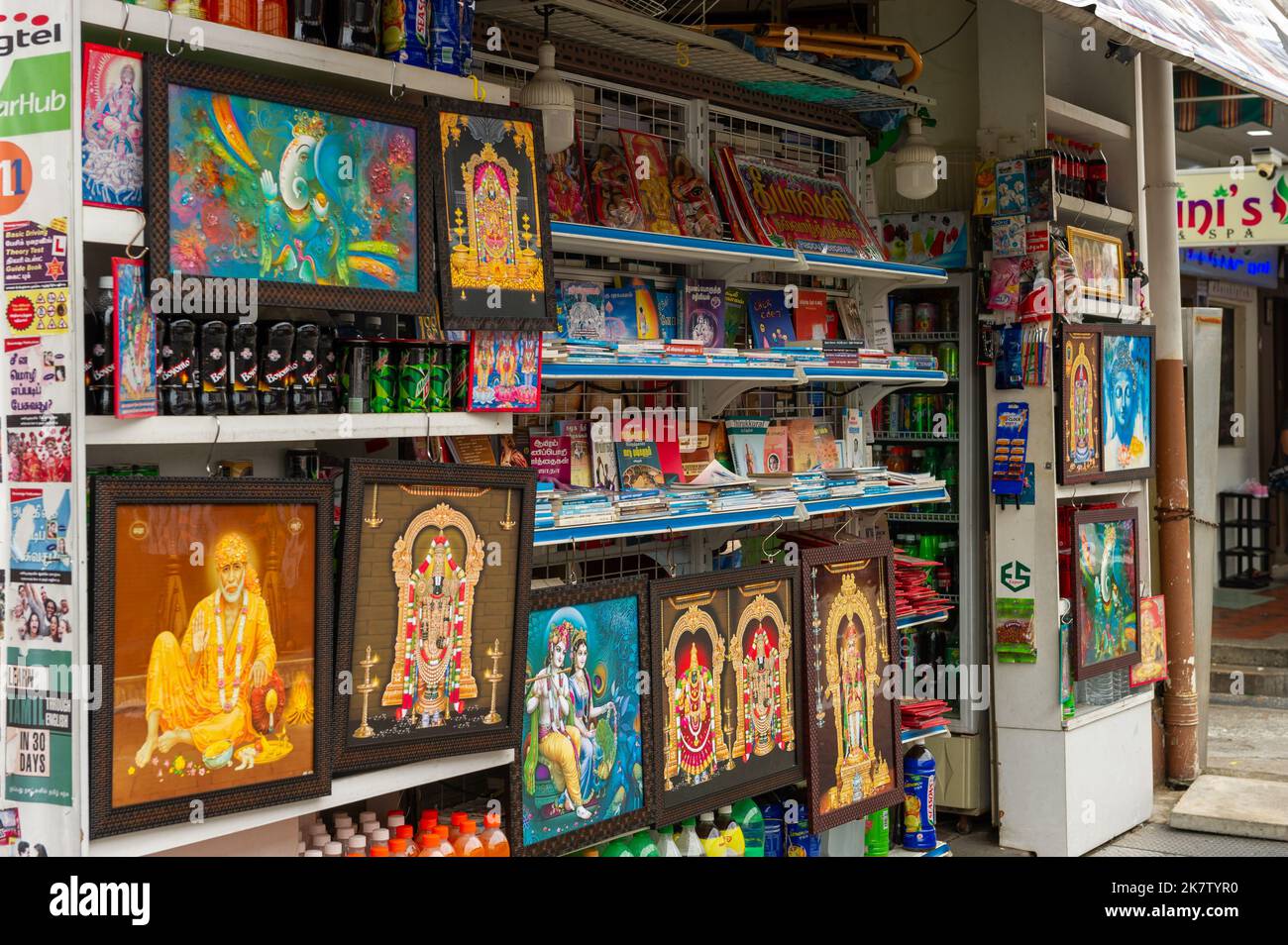 Indian convenience store selling art, Little India, Singapore Stock ...